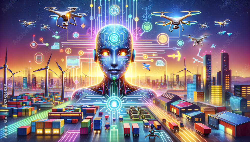 Whimsical Ai Futuristic Supply Chain With Vibrant Cityscape And Intelligent Humanoid Robot