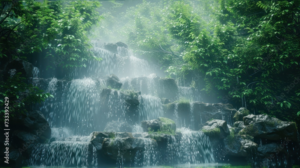 a waterfall in the middle of a forest filled with lots of rocks and ...