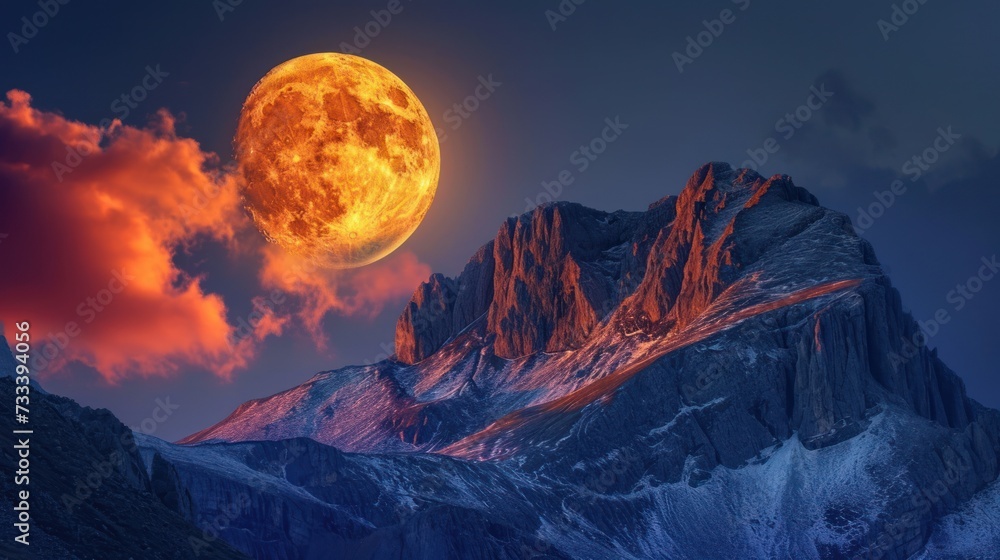 a full moon rising over a mountain range with a red cloud in the sky ...