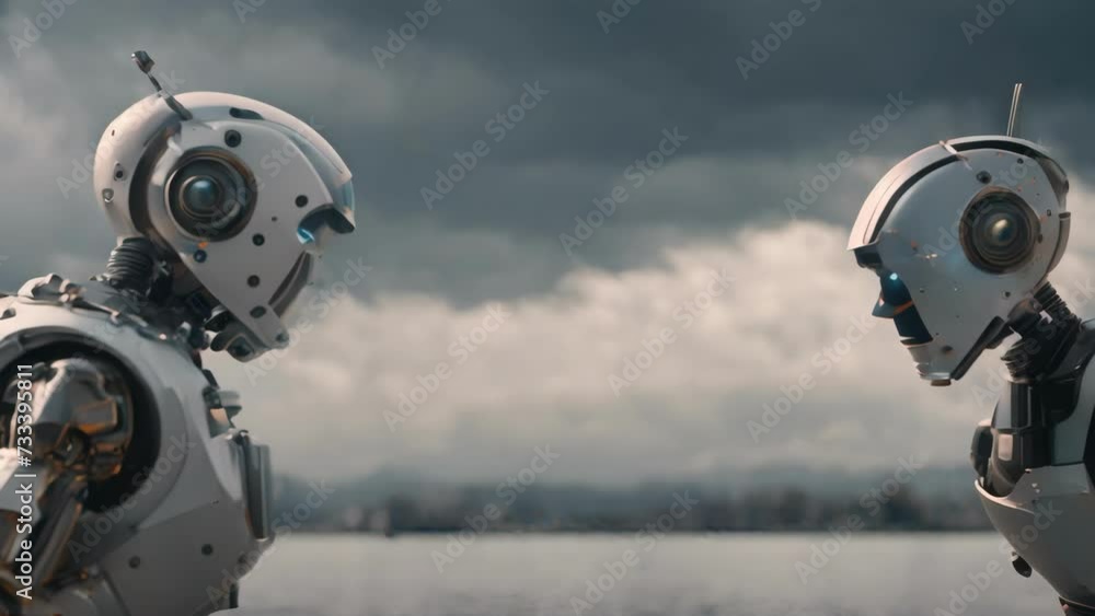 Two Robots Standing Side by Side in Front of a Body of Water Stock ...