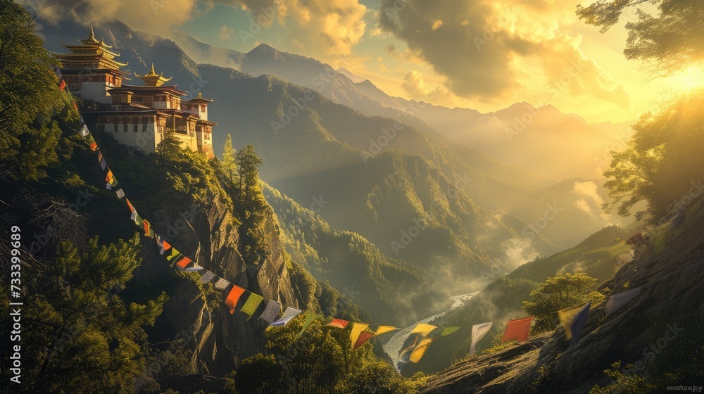 Sunrise illuminates a Himalayan temple and vibrant prayer flags, with ...