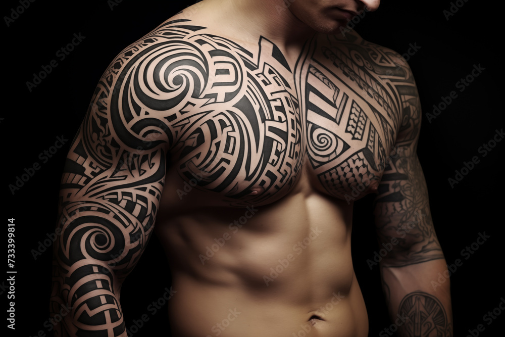 Black tribal tattoo on skin. Black tribal tattoo on back. Men's tattoo ...