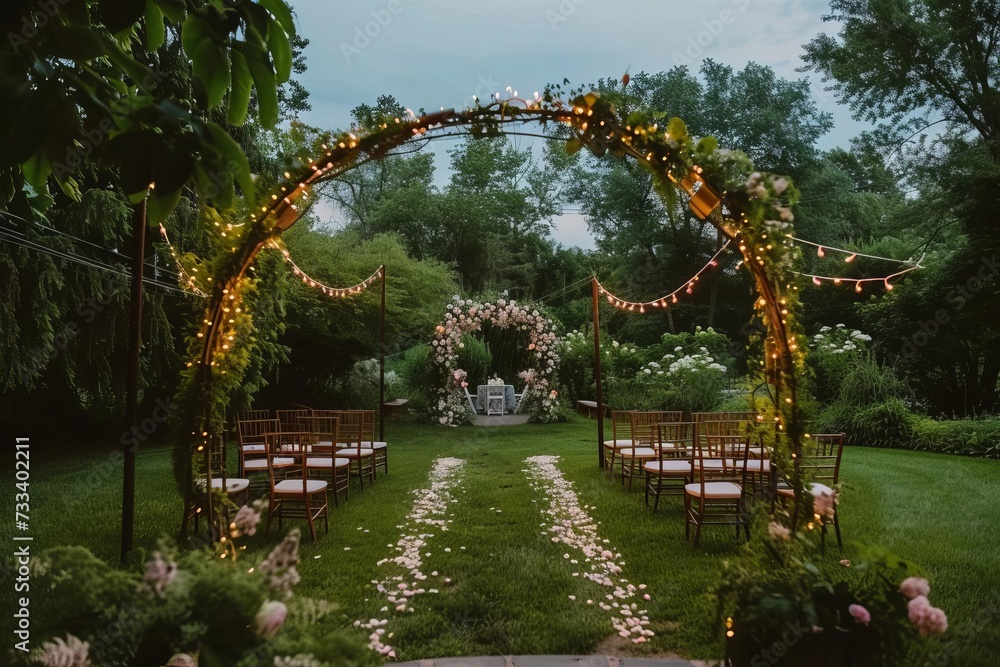 Elegant garden wedding setup with a floral arch Outdoor seating And ...