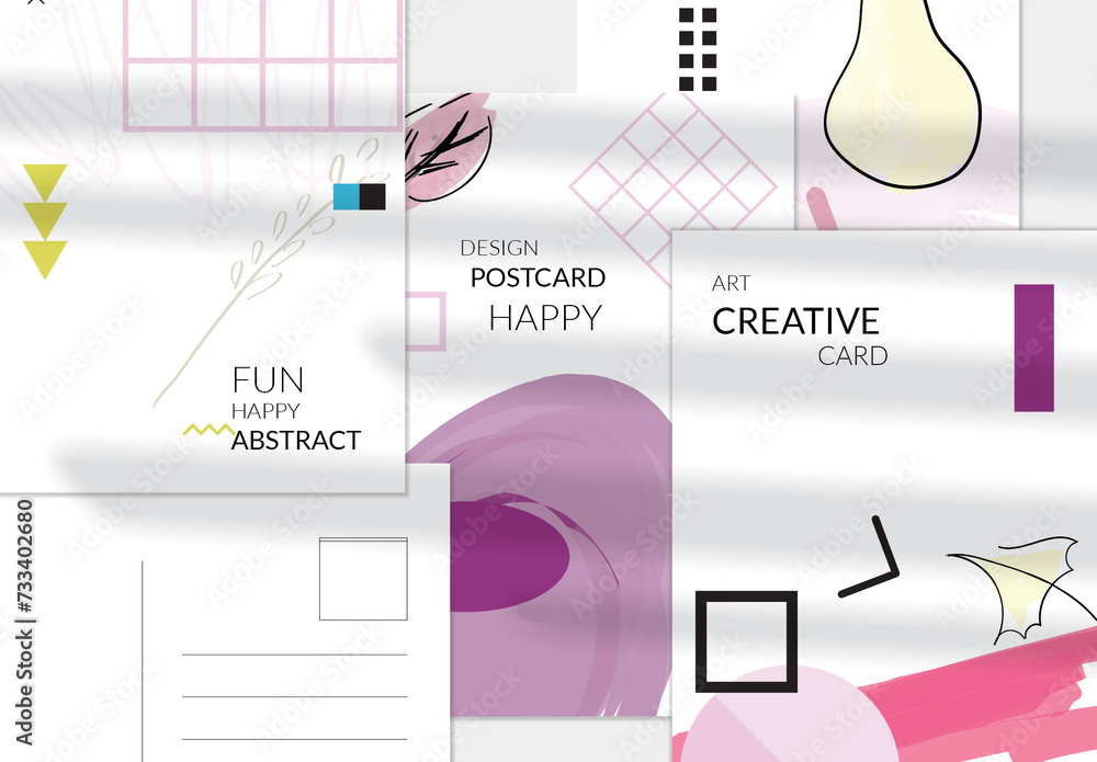 Postcard Layout with Hand Drawn Abstract Floral Doodles and Geometric ...