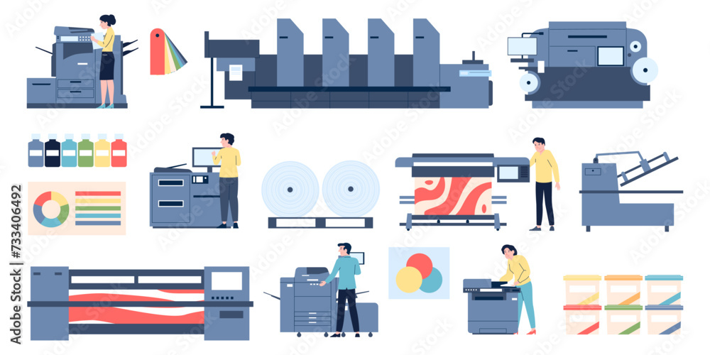 Print shop equipment. Designers and typography workers work with ...