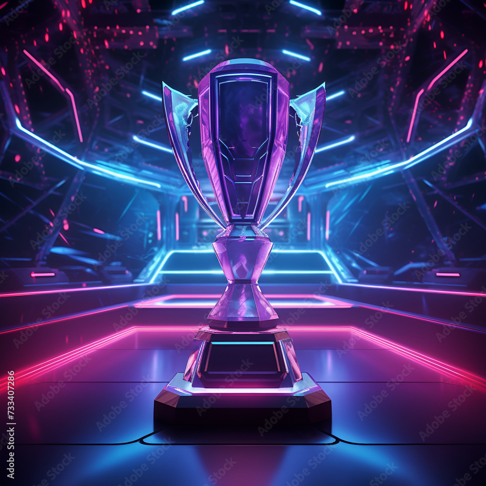 Esports neon cyberpunk winner trophy, gaming, champion cup award ...