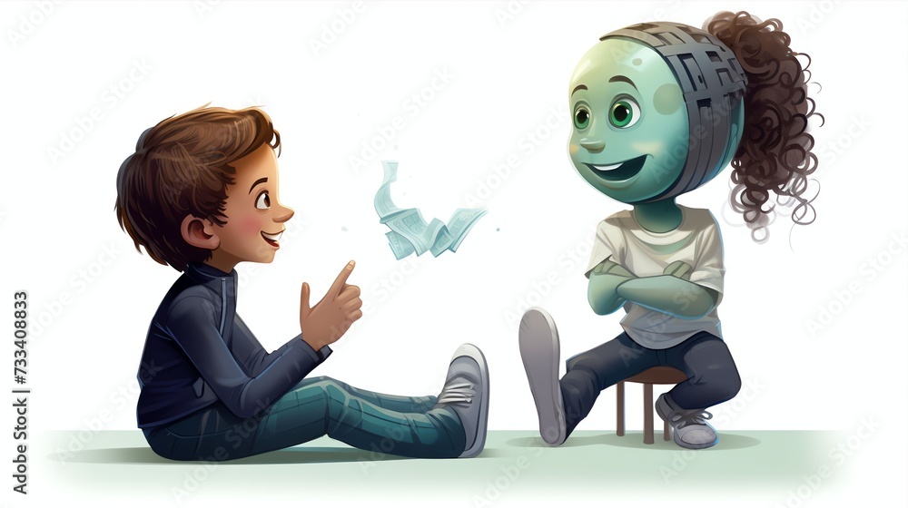 an illustrated child having a conversation with a talking dollar bill ...