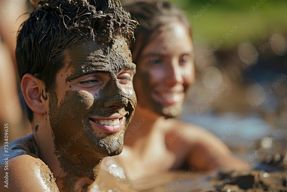 man and a woman enjoying a mud bath, with mud smeared on their faces foto de Stock | Adobe Stock