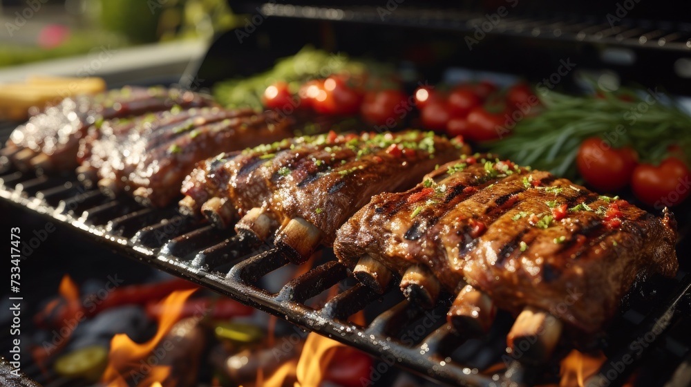 Fire up the grill for a feast. flames dancing as meats and veggies hit ...