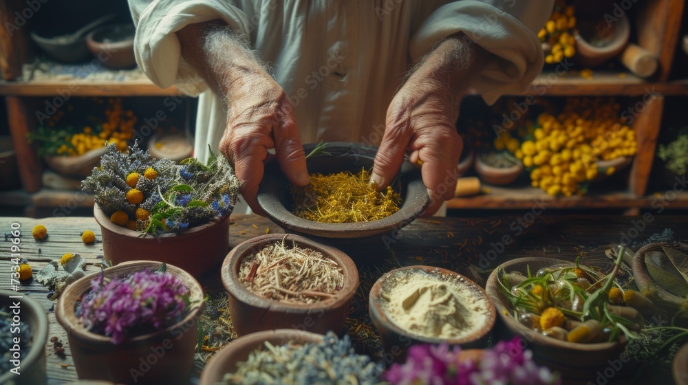 Highlight the tradition of herbal medicine. hands carefully selecting ...