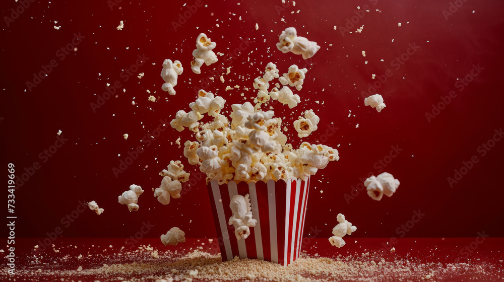 popcorn is captured in mid-air spilling out from a classic red and ...
