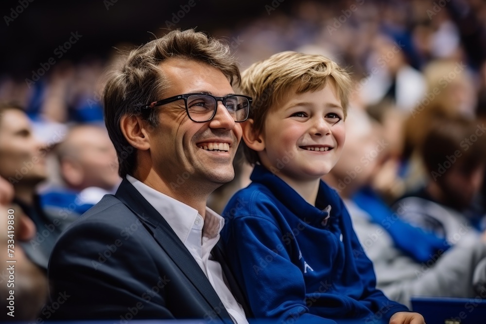 Enthusiastic french father and son in stands supporting national rugby ...