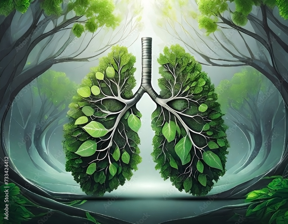 human lungs schematically made from leaves and trees. Art composition ...