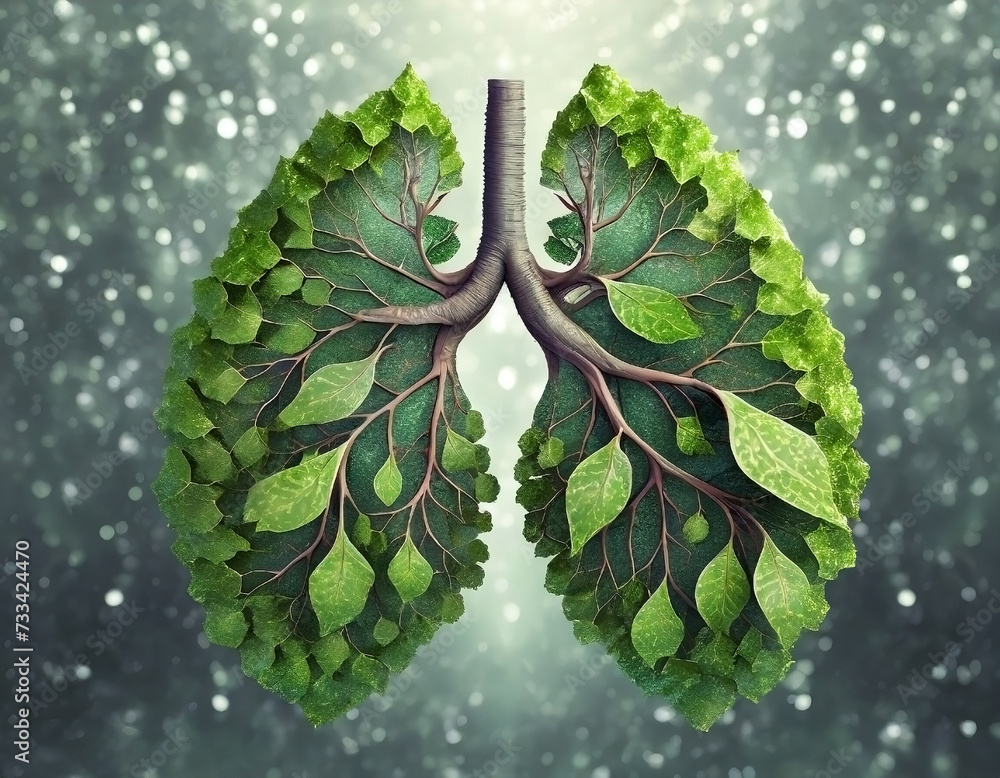 human lungs schematically made from leaves and trees. Art composition ...