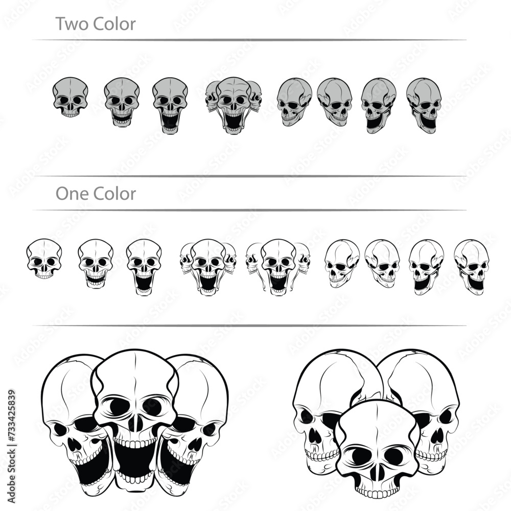 Skull Set in One and Two Colors and various positions- Vector ...