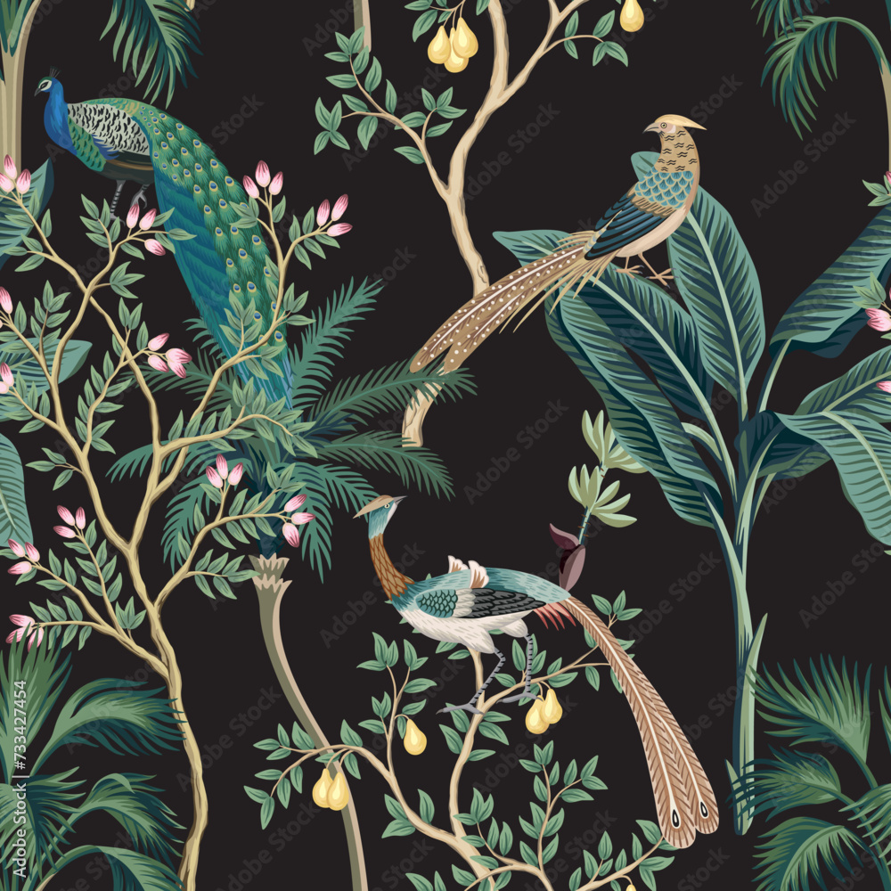 Vintage botanical garden tree, Chinese birds, peacock, palms floral ...