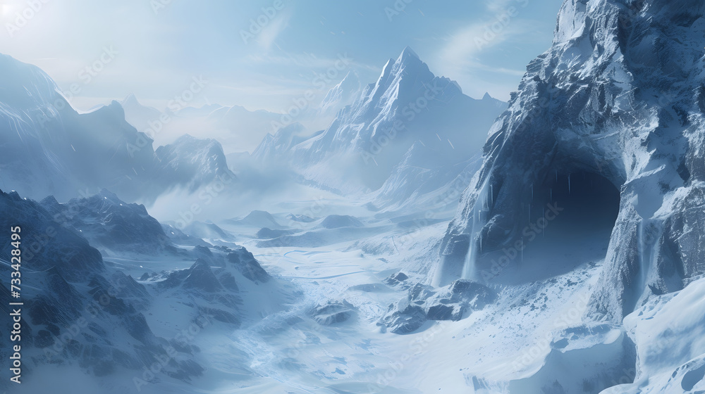 snow-covered mountain range, concept art, video game concept, video ...