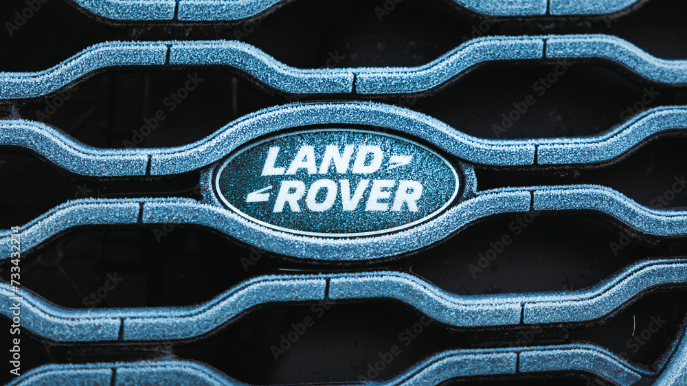 Gaydon, UK - Feb 11 2024 : Land Rover Badge. Frozen detail closeup of a ...