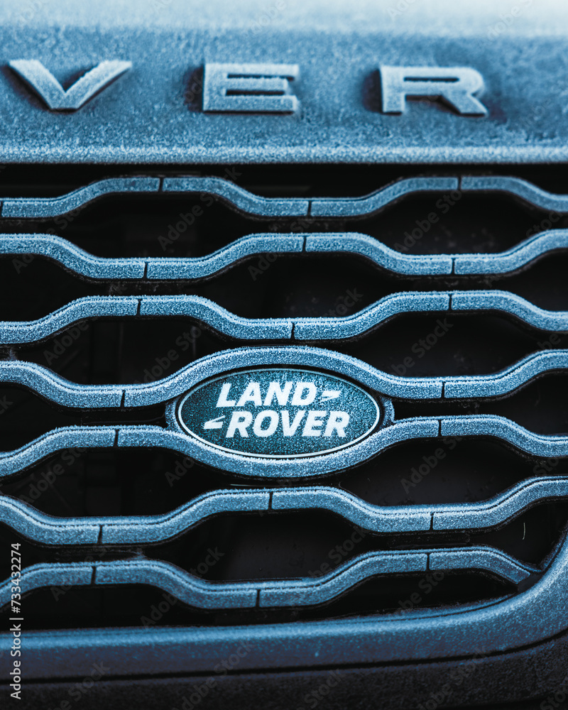 Gaydon, UK - Feb 11 2024 : Land Rover Badge. Frozen detail closeup of a ...