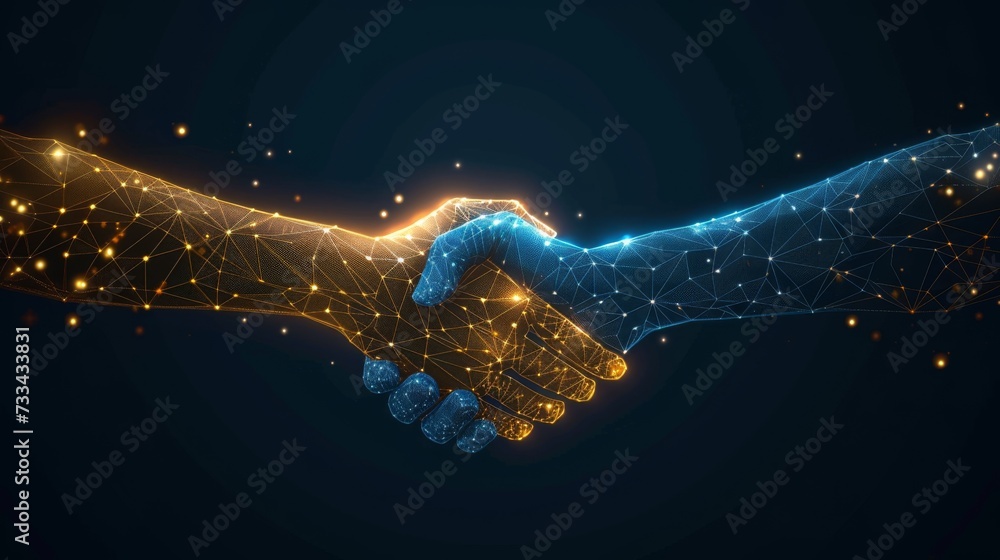 Photo Virtual Handshake: Illuminated Wireframe Hands Convey Trust and ...
