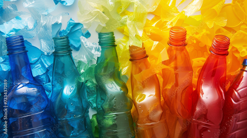 Plastic trash bottles pile. Empty colored drink bottles. Recyclable ...