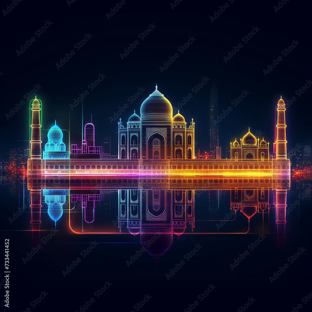 The skyline of Delhi, India, rises majestically against a dark backdrop ...