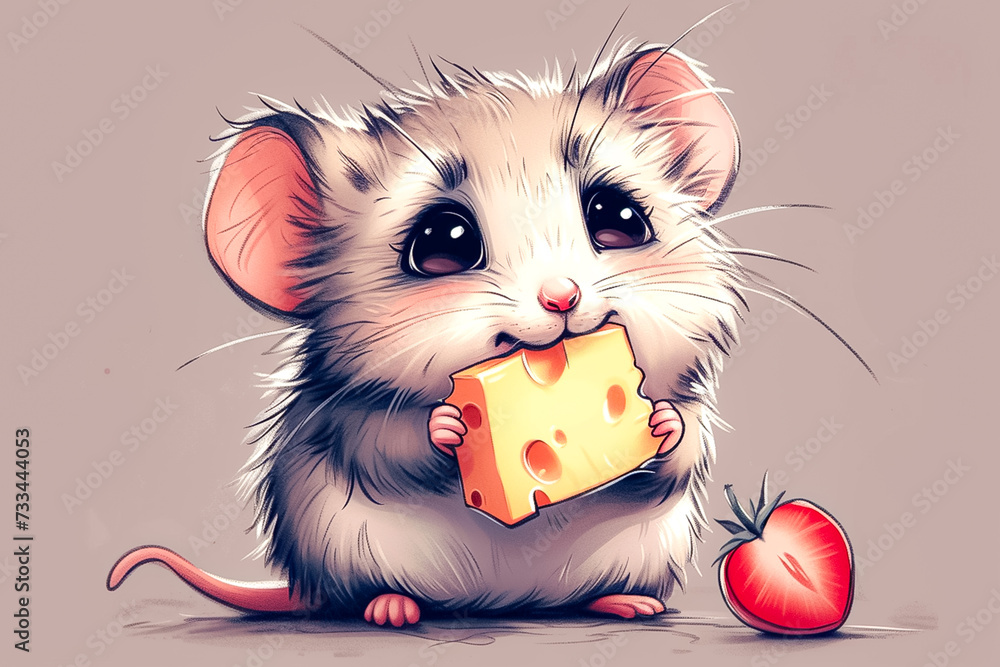 Funny cute chinchilla mouse with peace of cheese, cute cartoon style ...