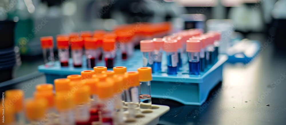 Lab table with blood analysis tubes on a tray for benchtop extraction ...