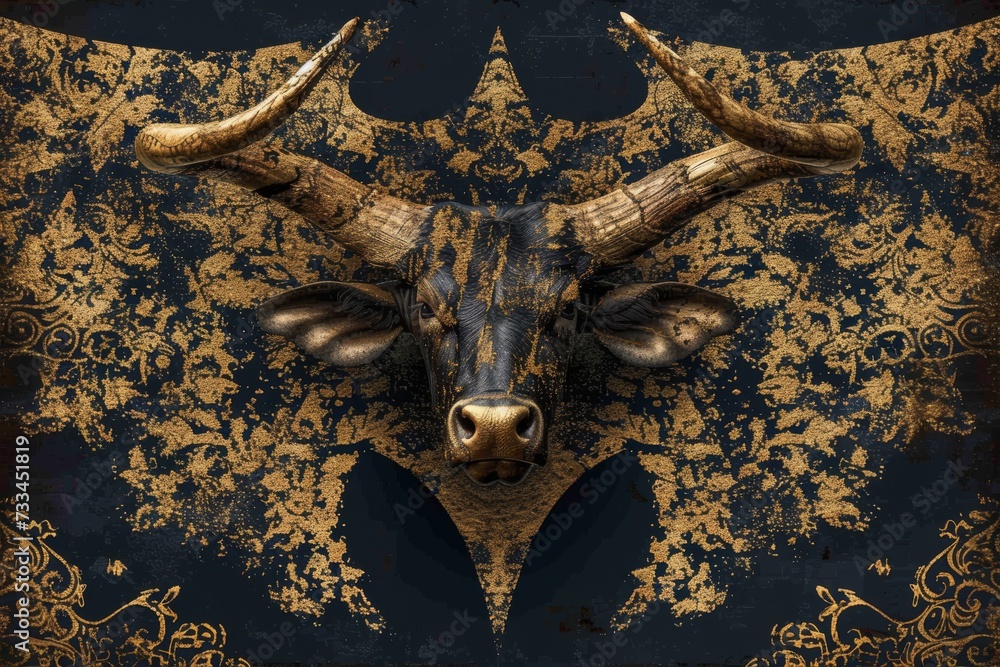 A powerful and majestic bull head, adorned with magnificent horns, is ...