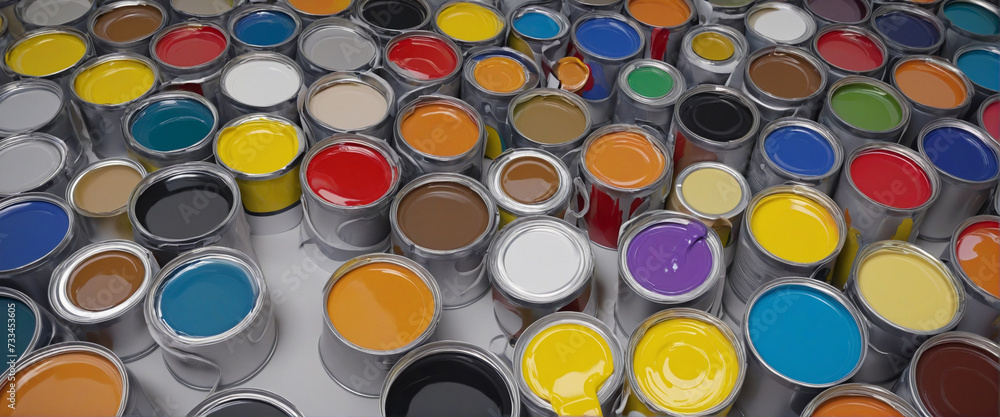 Hundreds of paint cans in multiple colors. Many paint cans, open, and ...