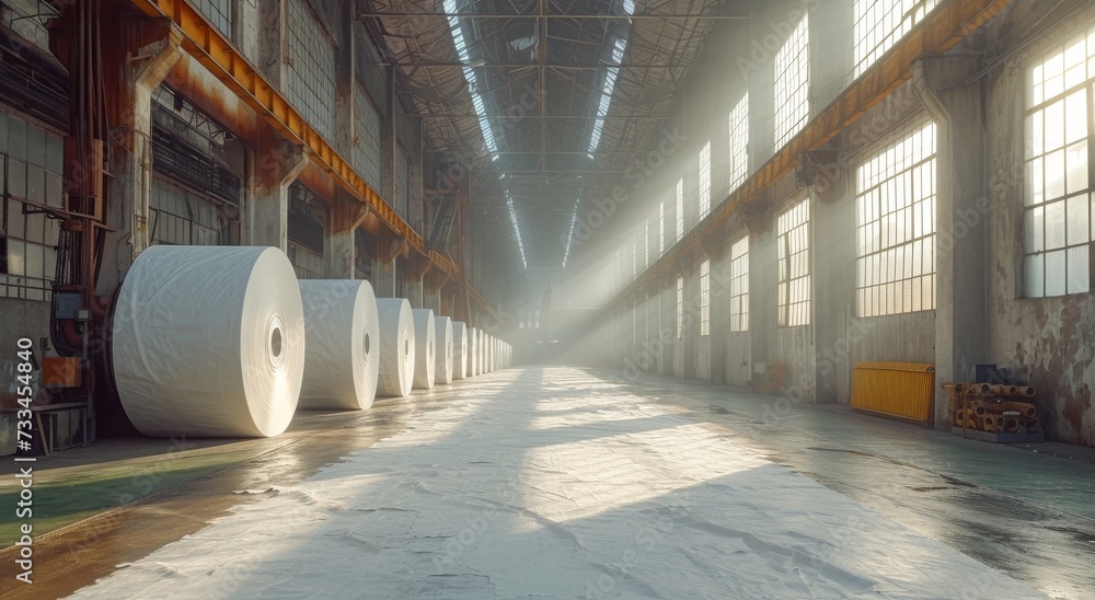 Stacked high in a dimly lit warehouse, rolls of composite paper await ...