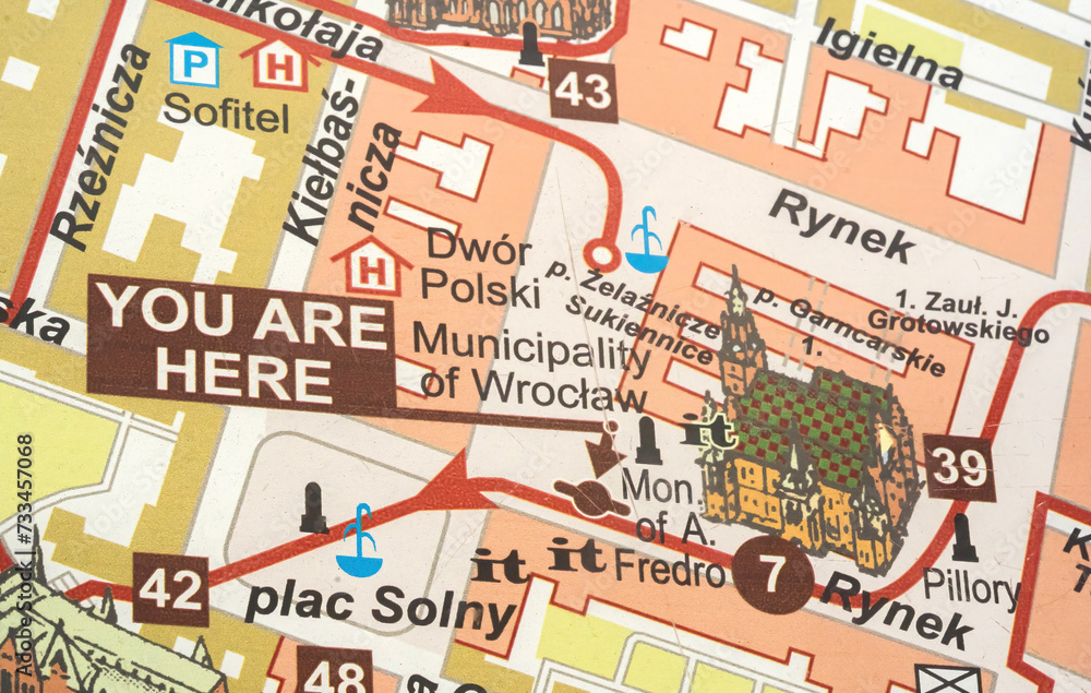 Poland, Wroclaw, city map with tourist attractions marked, town main ...