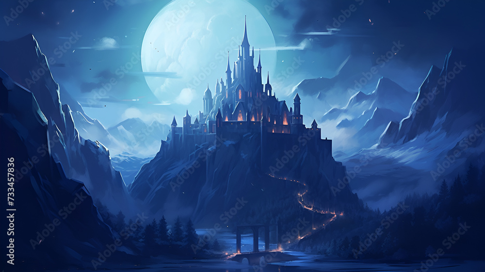 "Moonlit Majesty: Breathtaking Digital Illustration of Majestic Castle ...
