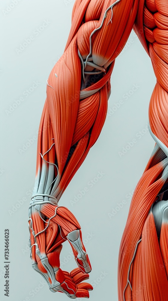 A detailed representation of a man's arm muscles displays the ...