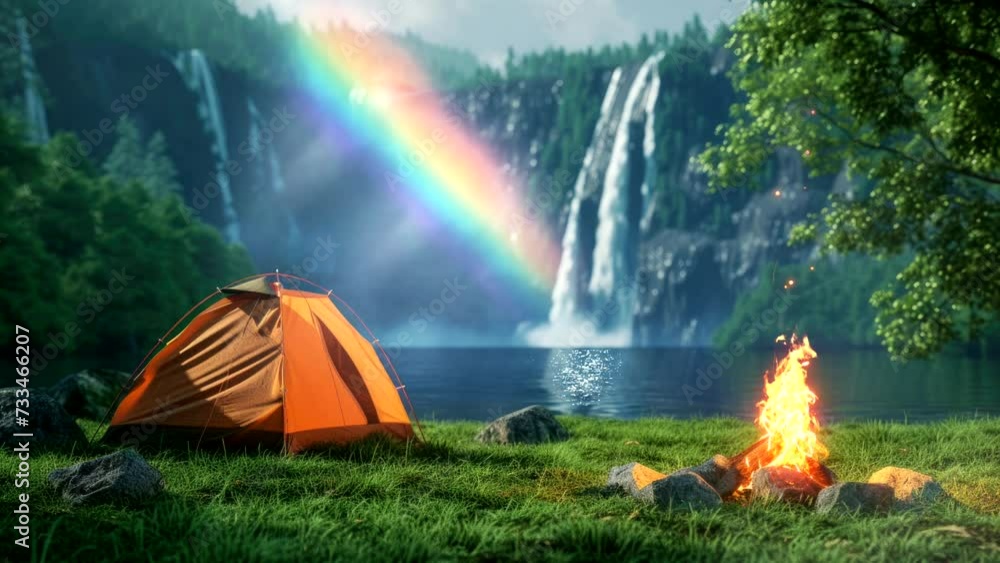 camping near lake and waterfall background, green grass beautiful ...