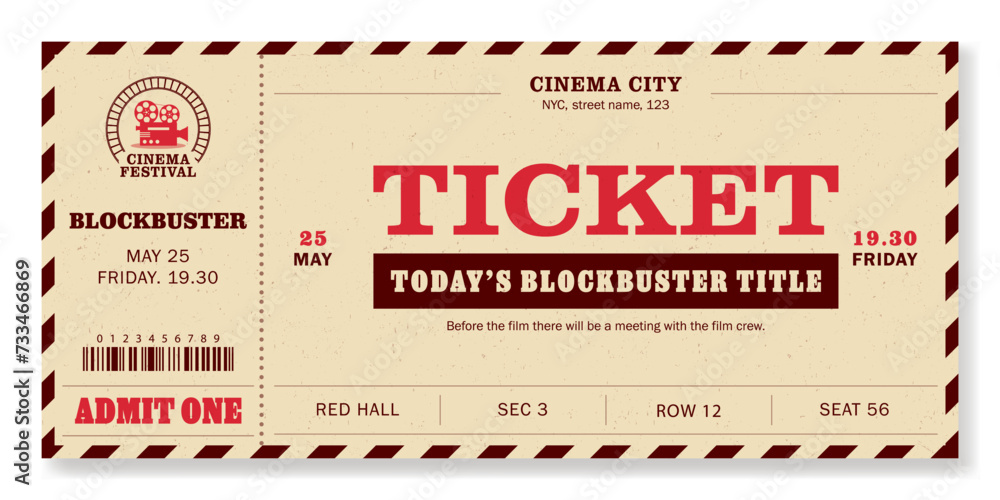 Universal ticket template in retro style. For cinemas, parties, clubs ...