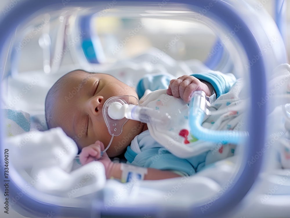 Newborn in neonatal intensive care unit with nasal CPAP mask Stock ...