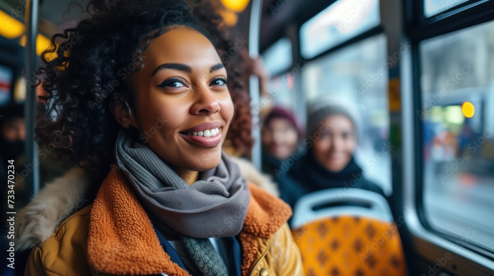 Commuter harmony: diverse group of passengers on a clean, energy ...
