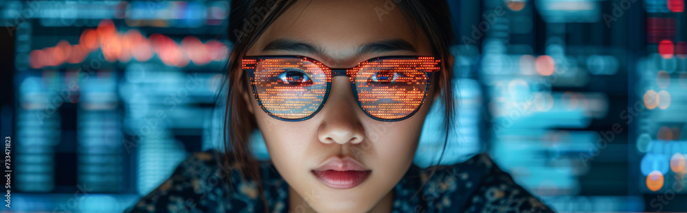 Beautiful asian woman wearing glasses and looking at camera while ...