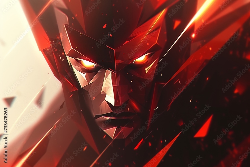 A fiery face with piercing gaze illuminates the darkness, an ...