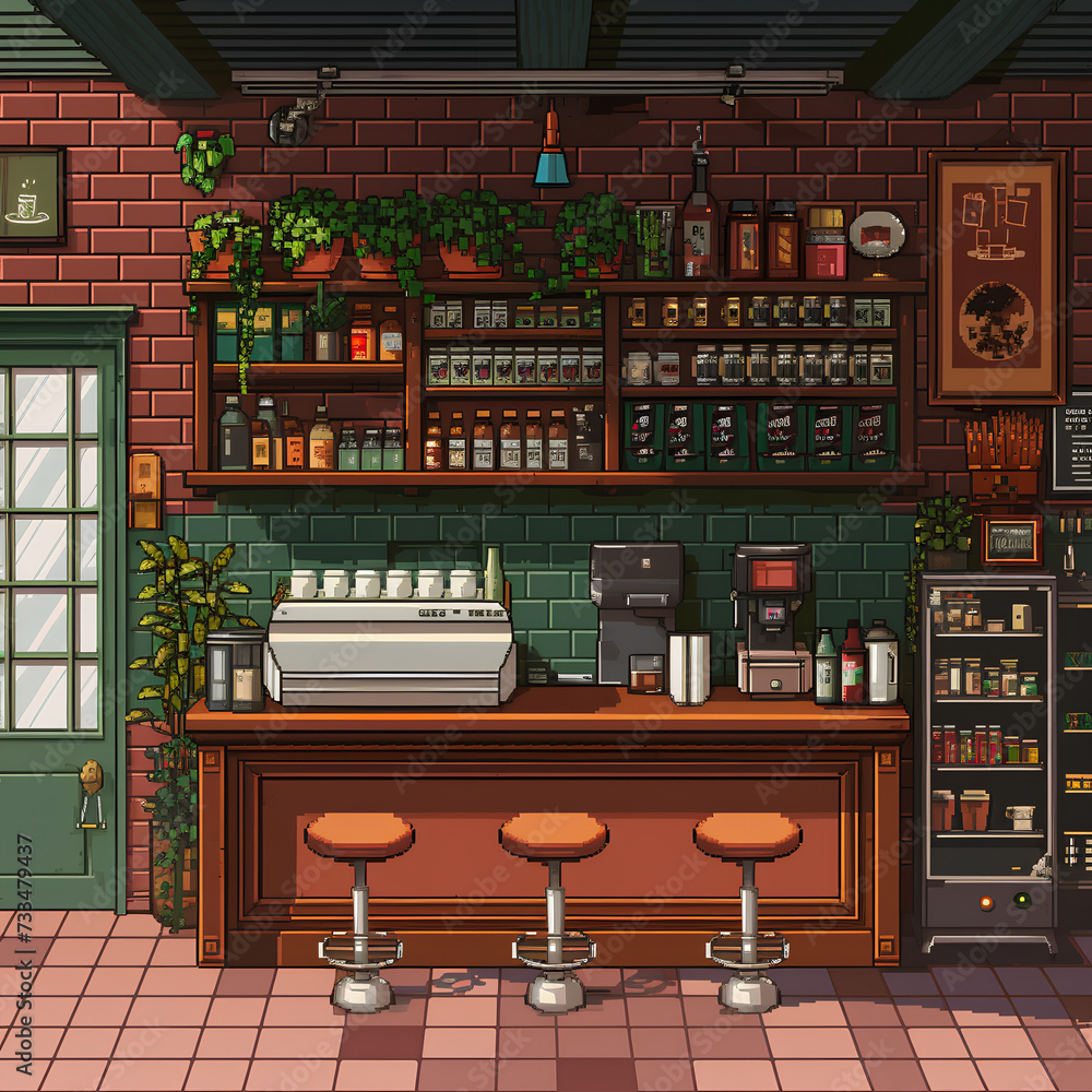 A high-resolution 4K PNG showcasing a vibrant 16-bit pixel art coffee ...