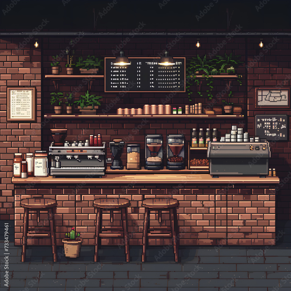 A high-resolution 4K PNG showcasing a vibrant 16-bit pixel art coffee ...
