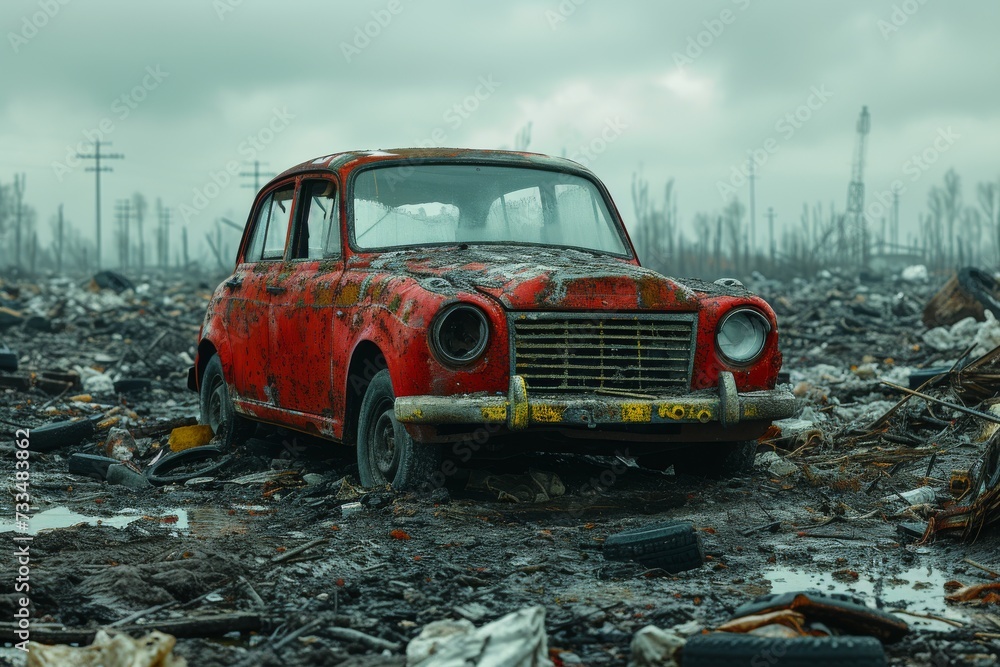 A once cherished red car now sits abandoned in a desolate wasteland ...