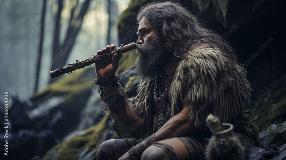 caveman playing a bone flute made from a femur bone, ancient music ...