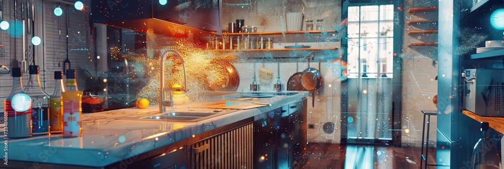 Smart kitchen concept with digital data augmented reality overlay on a ...