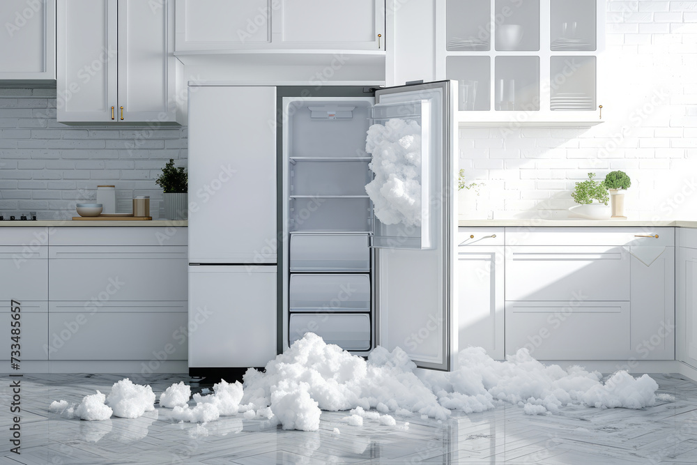 Refrigerator in a white modern kitchen with a door open and a pile of ...