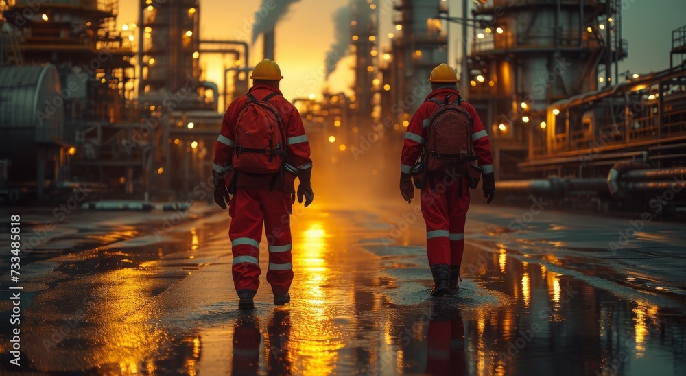 Braving the elements, two firefighters in their uniforms tread ...