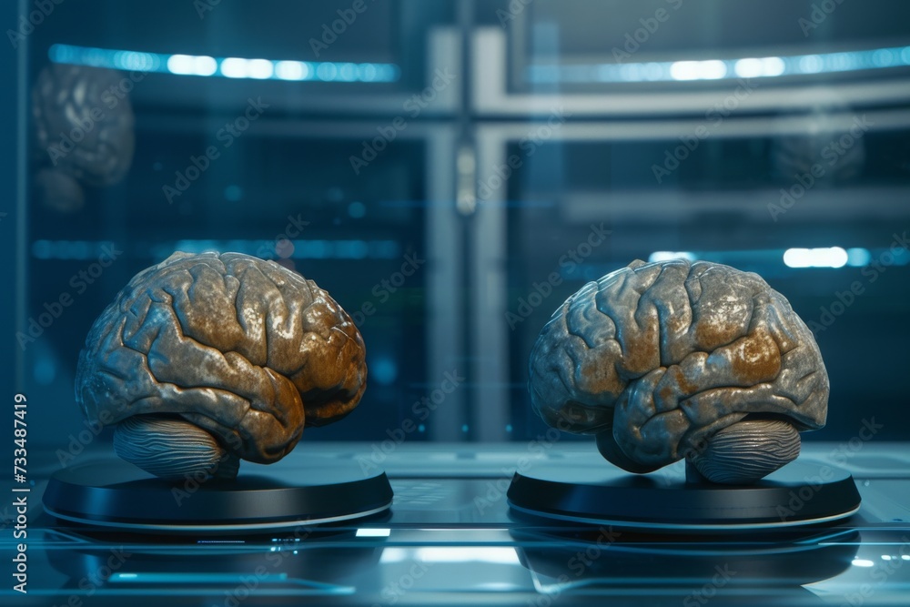 Immerse yourself in the captivating display of a two-headed human brain ...