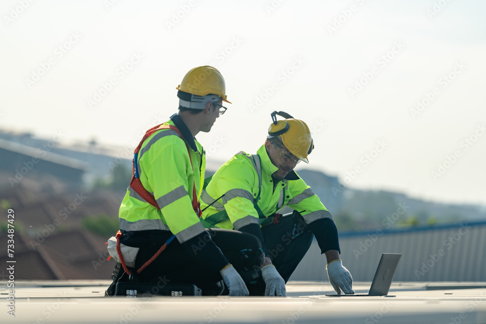 Worker Technicians are working to construct solar panels system on roof ...
