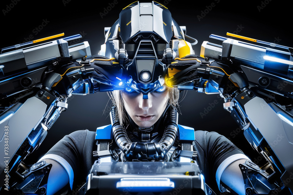 A human face peeks out from behind the metallic visor of a futuristic ...